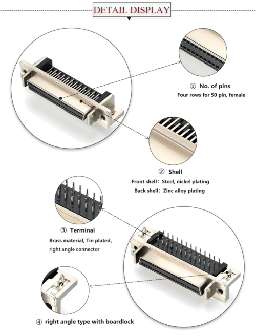 DB 50 pin scsi connector female zinc alloy Right Angle