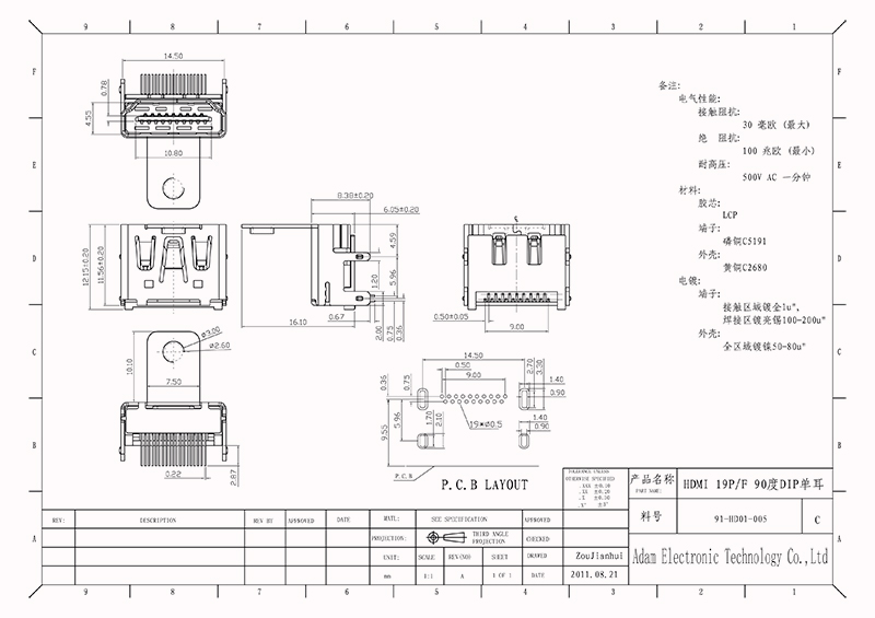 hdmi 19 pin | PCB mounting female hdmi 19 pin with through hole
